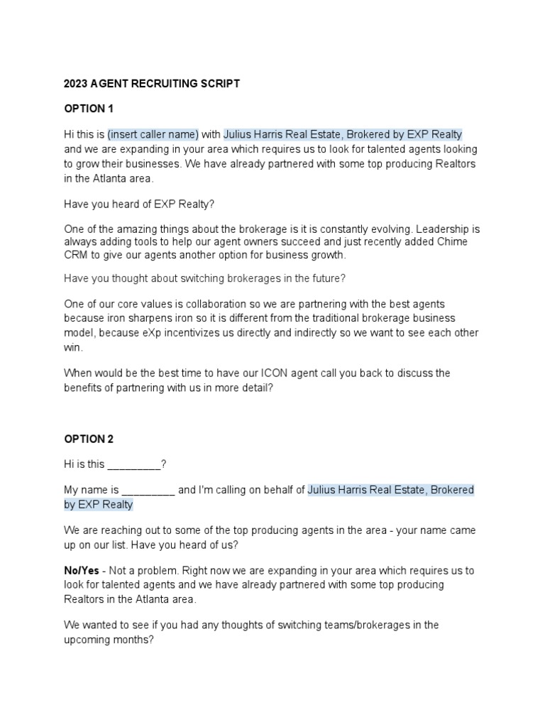 2023 AGENT RECRUITING SCRIPT-2 - Julius Harris-1 | PDF