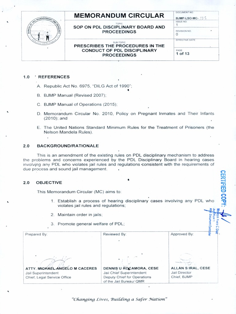 BJMP Memorandum Circular No 1 | PDF