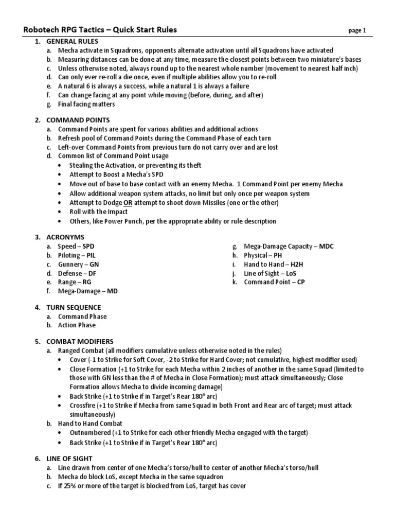 Robotech RPG Tactics Quick Start Guide | PDF | Military Technology ...