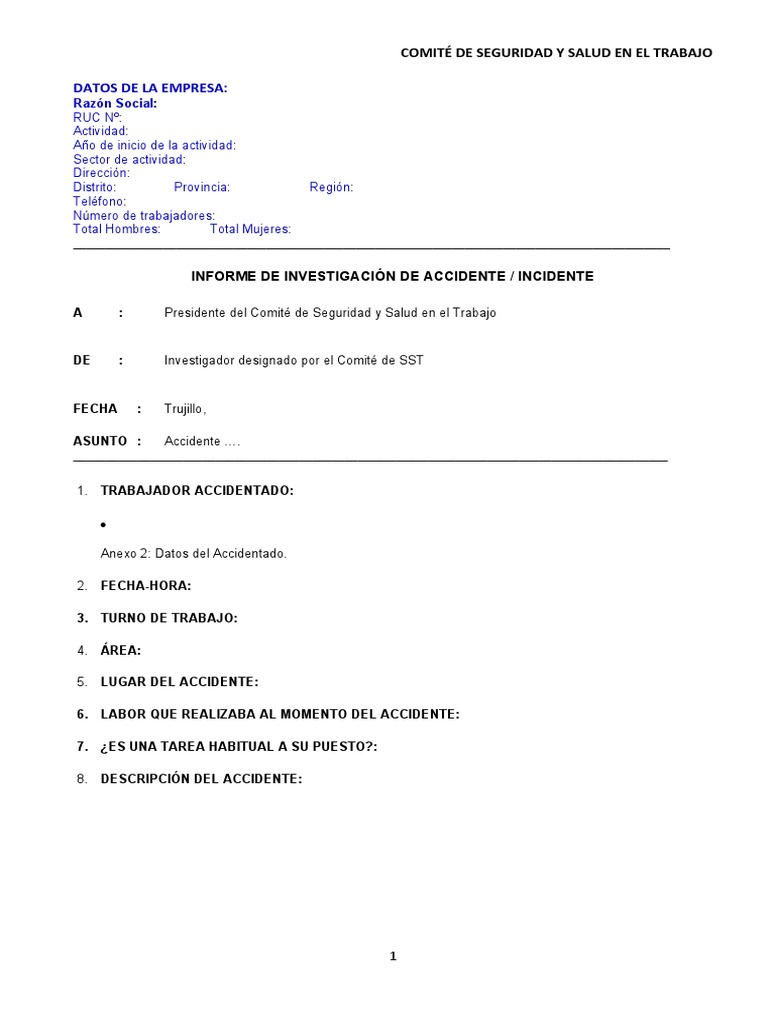 Formato de Informe de Investigaci N de Accidente | PDF Formato de Informe de Investigaci N de Accidente | PDF