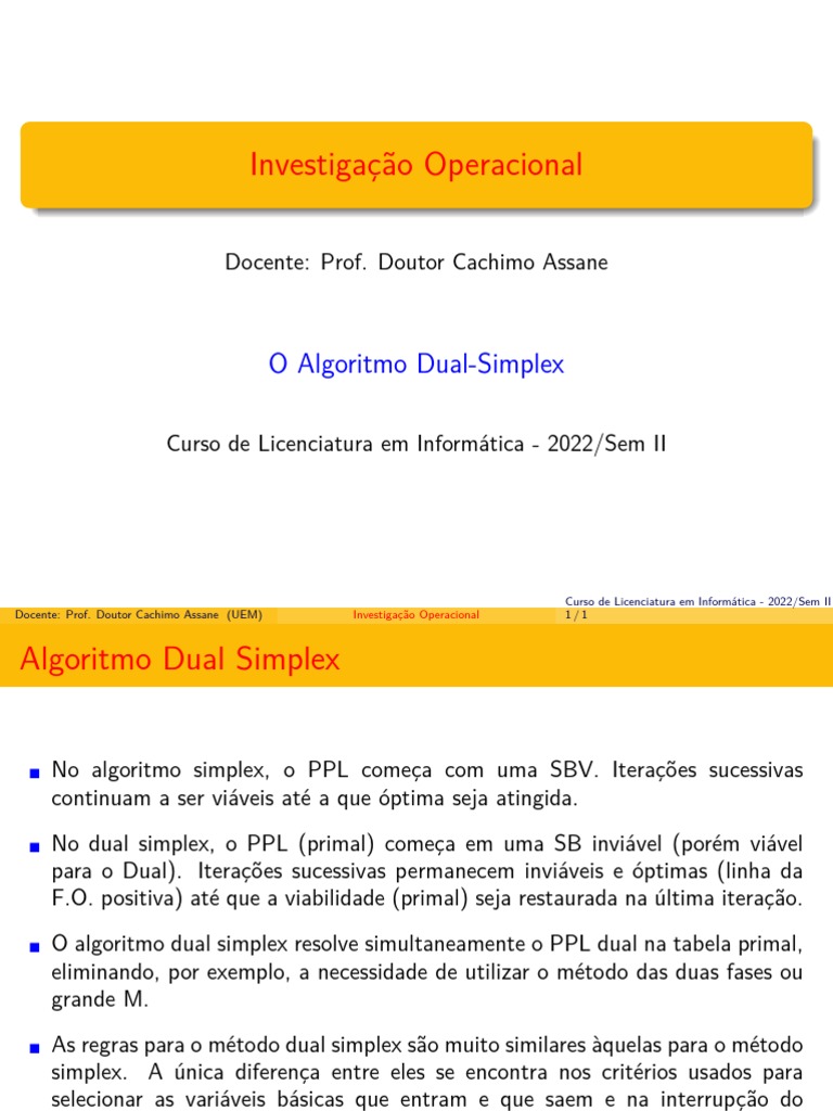 Capitulo 3 - Parte II - O Algoritmo Dual - Simplex UEM 2022 | PDF