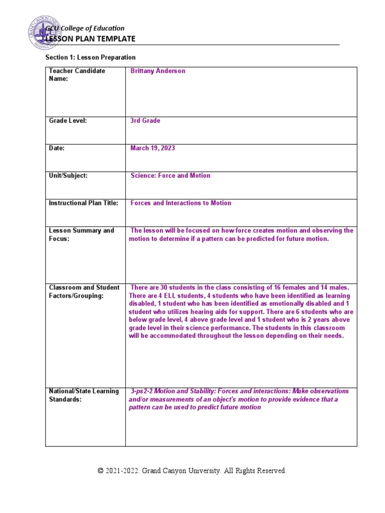 GCU Lesson Plan: Force and Motion | PDF | Lesson Plan | Learning