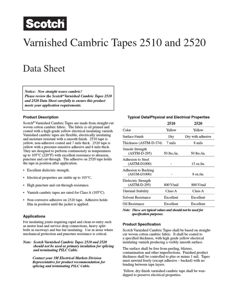 3M 2520 Cambric Datasheet | PDF | Adhesive | Insulator (Electricity)
