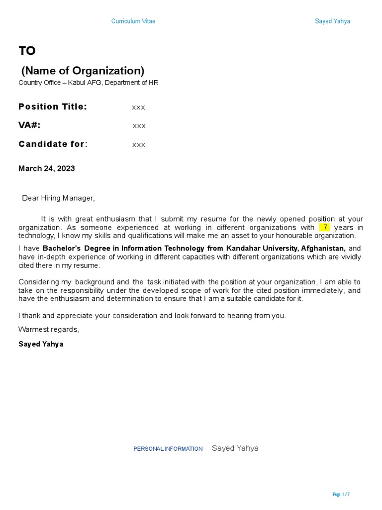 Sayed Yahya CV with Cover letter | PDF