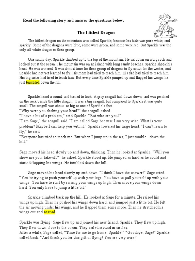 The Littlest Dragon - Reading Comprehension | PDF