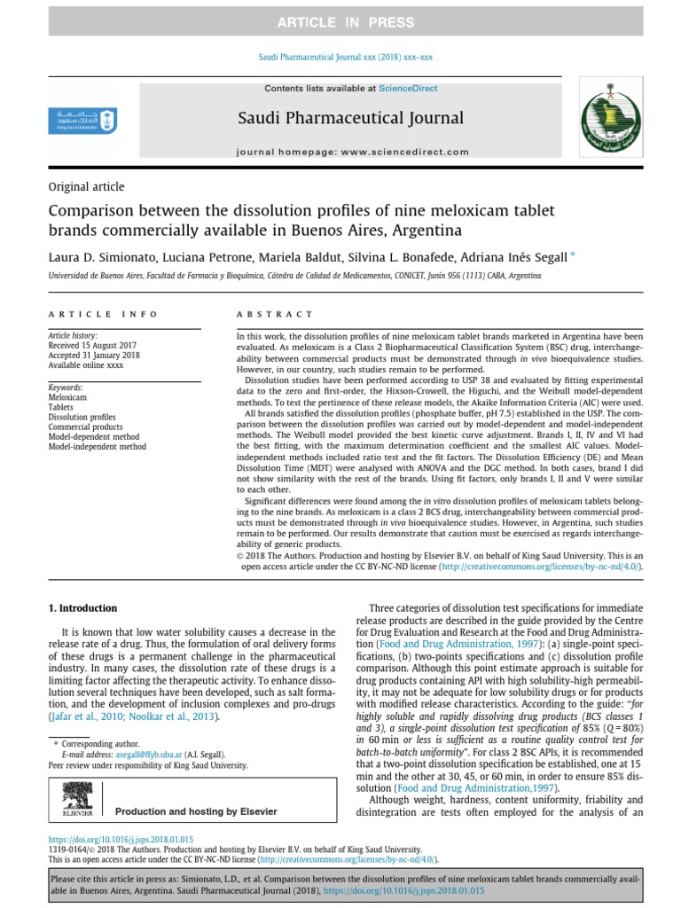 Comparison Between The Dissolution Profiles Of Nine Meloxicam Tablet Brands Commercially