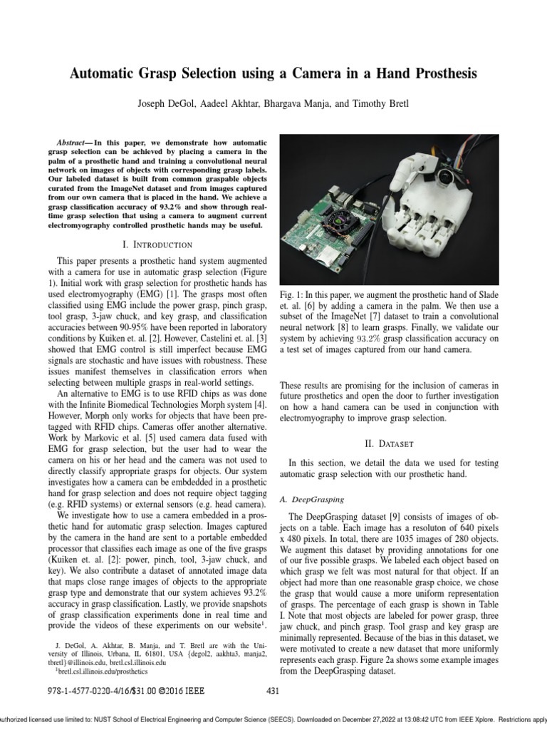 Automatic Grasp Selection Using A Camera in A Hand Prosthesis | PDF | Computing | Cybernetics