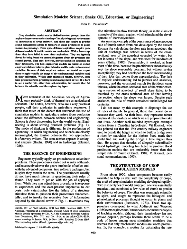 Agronomy Journal - 1996 - Passioura - Simulation Models Science Snake ... Agronomy Journal - 1996 - Passioura - Simulation Models Science Snake ...