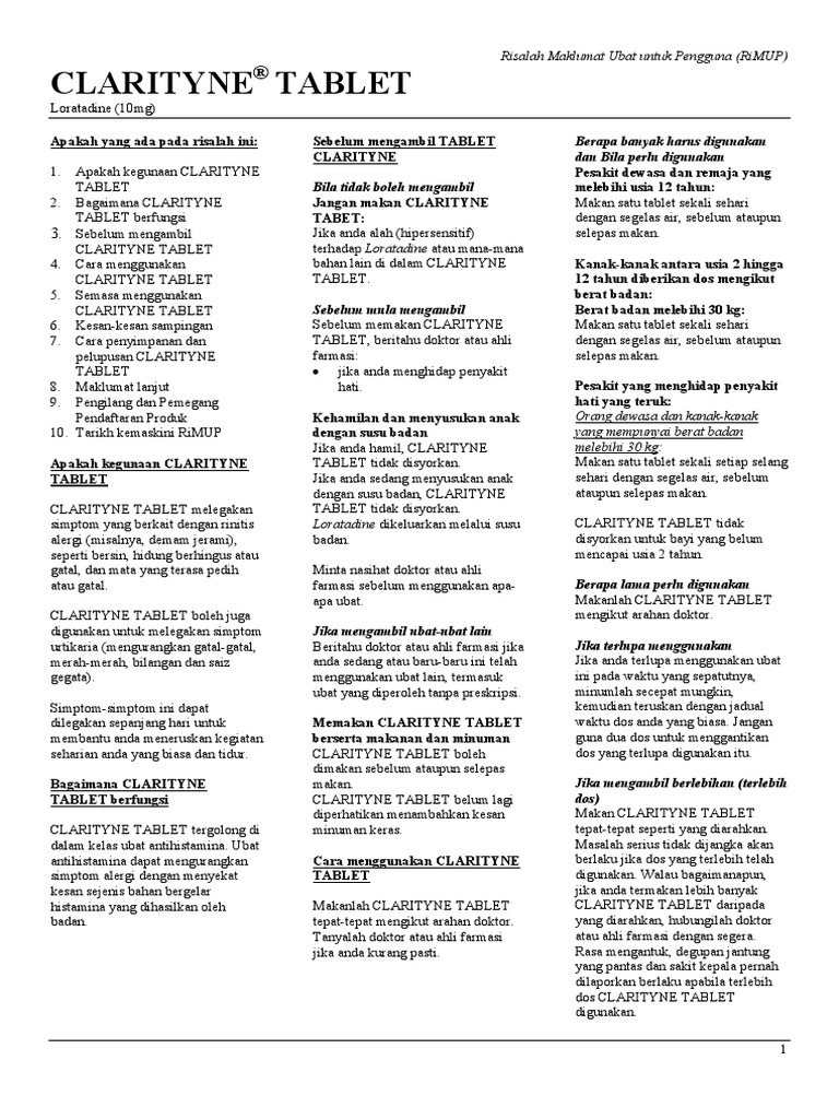 Clarityne Tablet (Loratadine) - MSD-27Nov2013-BM | PDF