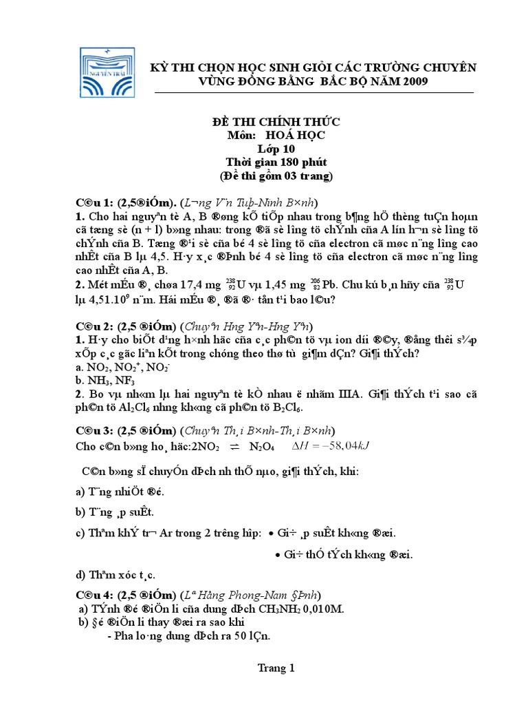 De Thi HSG Hoa 10 Cac Truong Chuyen Duyen Hai Bac Bo | PDF