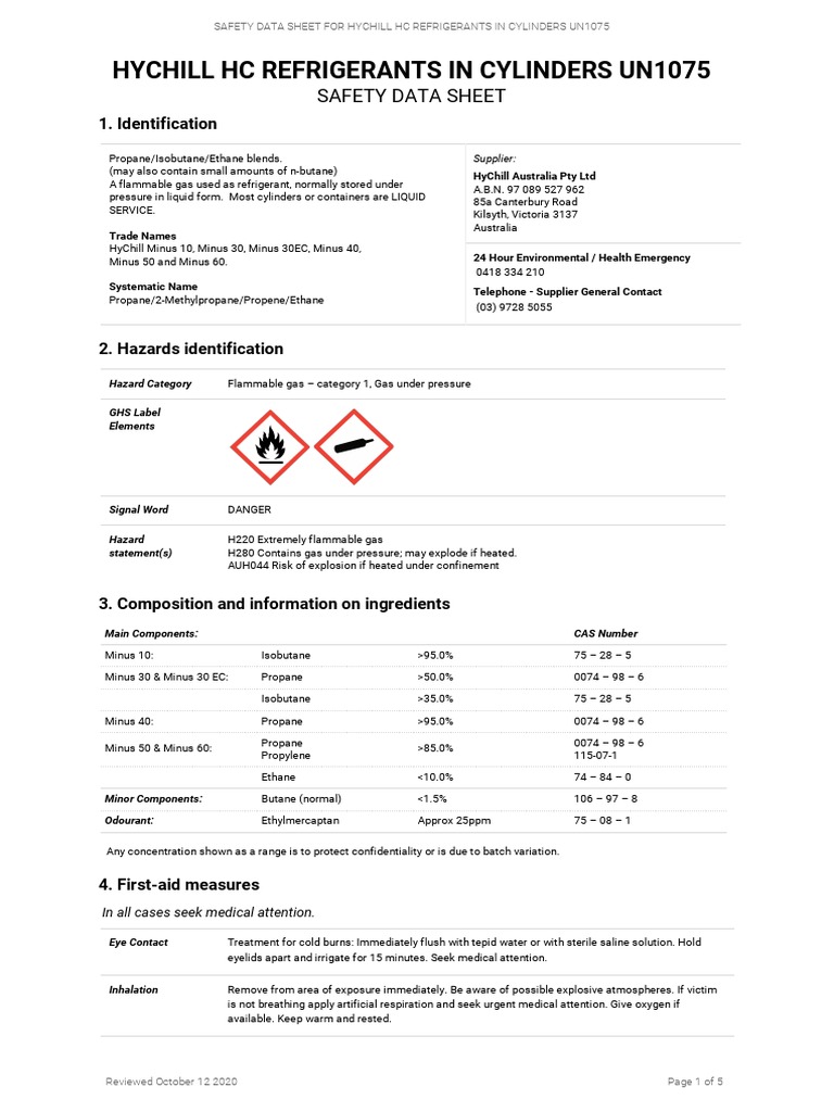 Hychill Refrigerants 1075 Sds | PDF | Propane | Safety