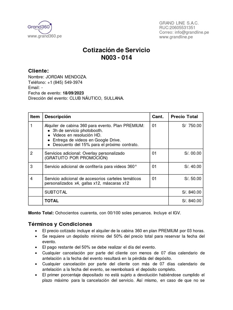 Cotización Grand360 - 14 | PDF | Dinero | Industrias de servicio