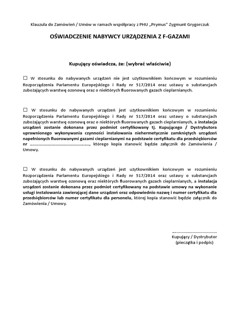 PRYMUS - Oświadczenie Nabywcy Urządzenia Z F-Gazami | PDF