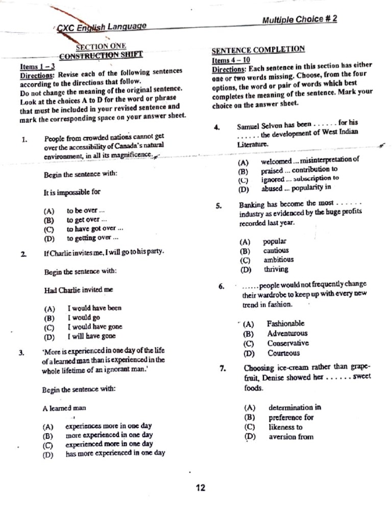 CSEC English A Old Paper 1 Mcqs | PDF