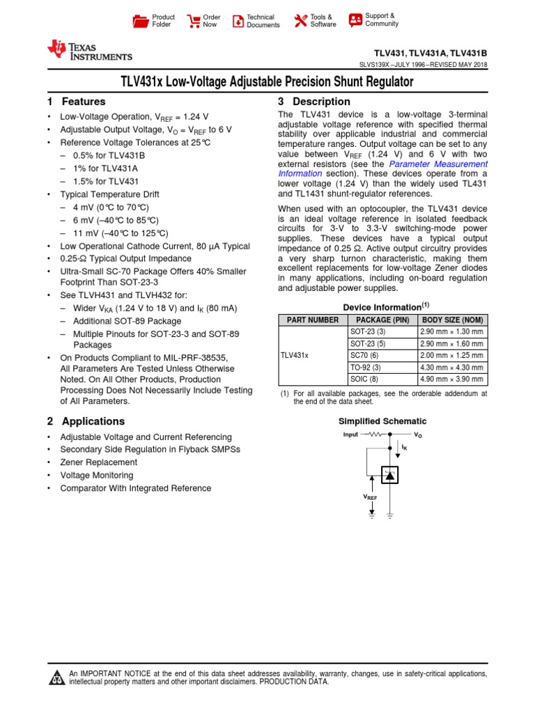 TLV431 Low-Voltage Shunt Regulator | PDF | Technology & Engineering