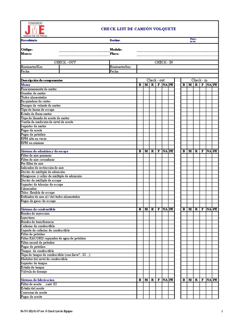 Check-List Camión Volquete - Ok | PDF