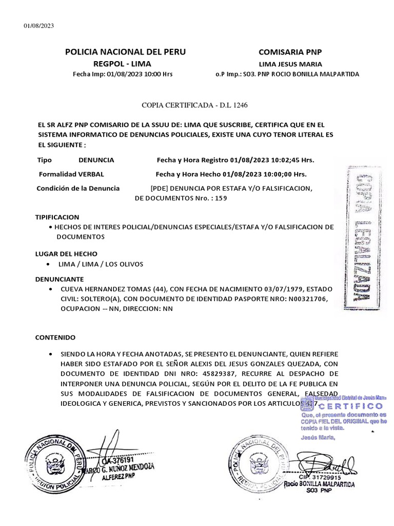Denuncia Policial Jesusmaria Pdf