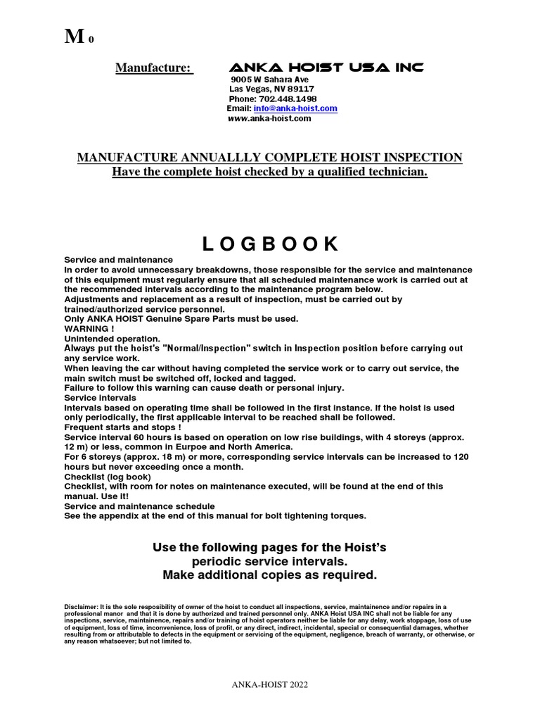 Anka Hoist Annual Complete Hoist Inspection | PDF