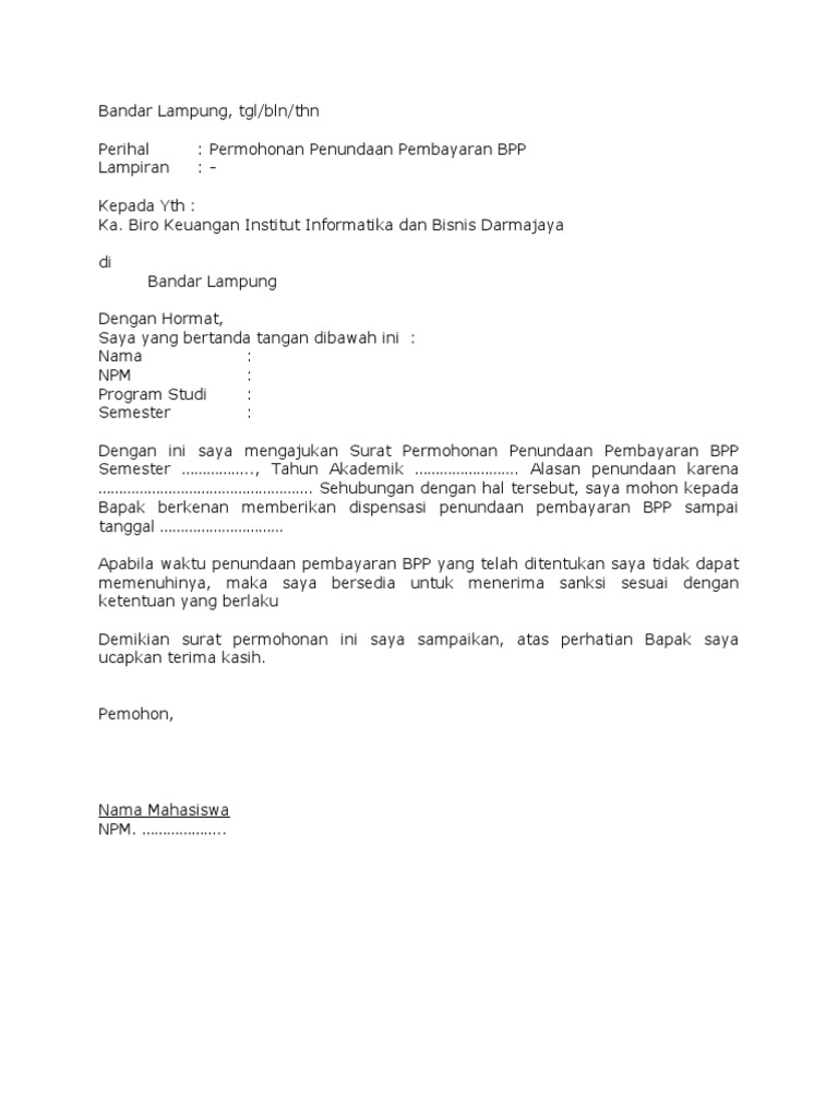 Format Surat Permohonan Penundaan Pembayaran BPP | PDF