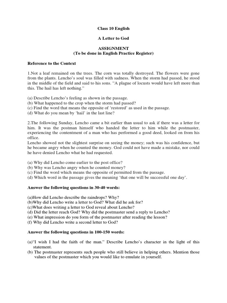 10 English - A Letter To God - Assignment | PDF