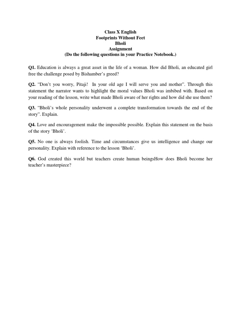 Bholi Class 10 Assignment Questions | PDF