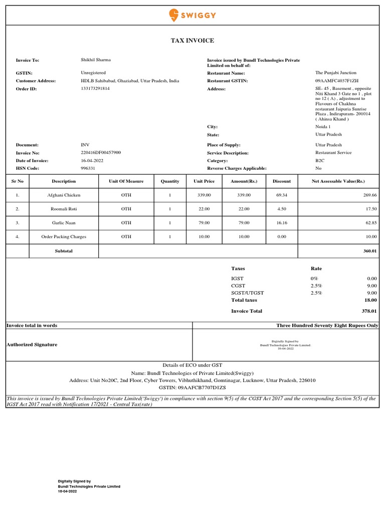 Swiggy Lunch HDLB | PDF | Invoice | Economies