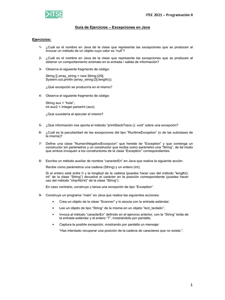Ejercicios Excepciones Java | PDF | Java (lenguaje de programación) | Programación