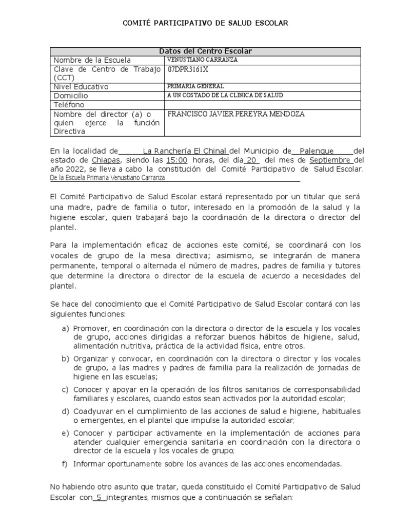 Acta Comite Participativo Salud Escolar b-1 | PDF