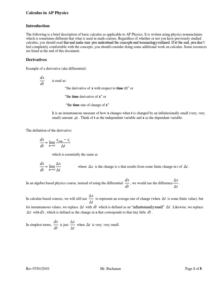 300 - U01C Calculus in AP Physics | PDF | Integral | Derivative