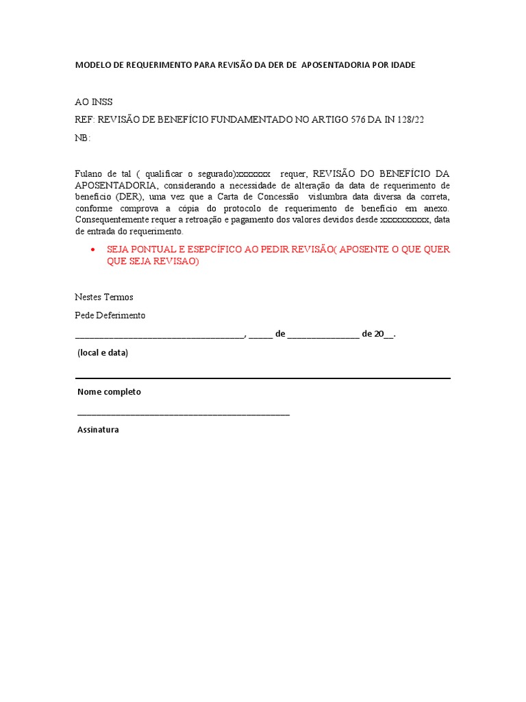 Modelo de Requerimento para Revisão Da Der de Aposentadoria | PDF