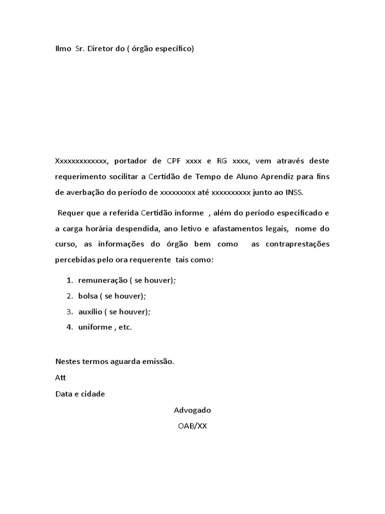 Modelo de Requerimento de Certidão Aluno Aprendiz | PDF