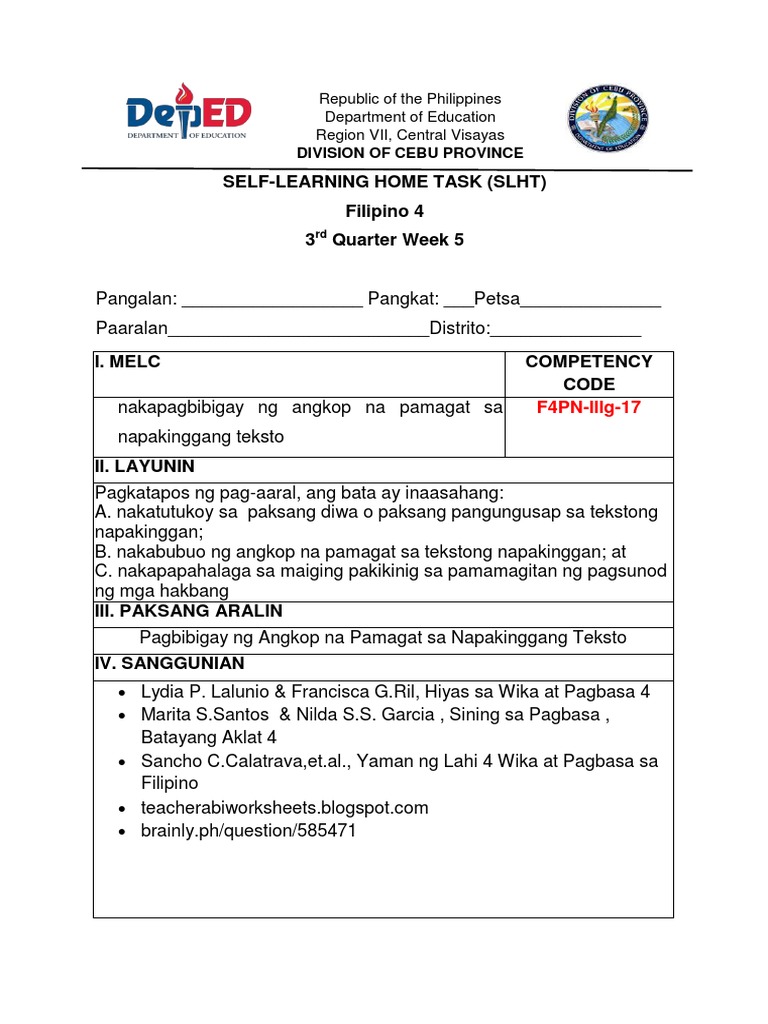 SLHT-Filipino-4-Quarter-3-Week-5-Lesson-3 | PDF
