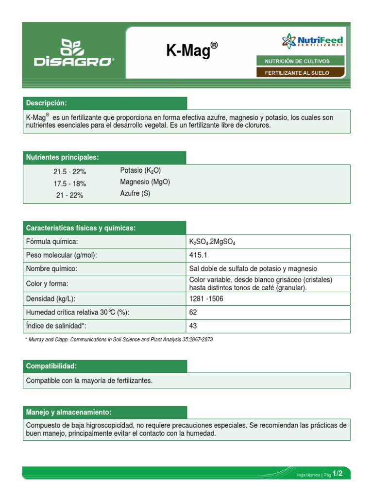 K Mag Envasado Ficha Tecnica | PDF | Fertilizante | sal