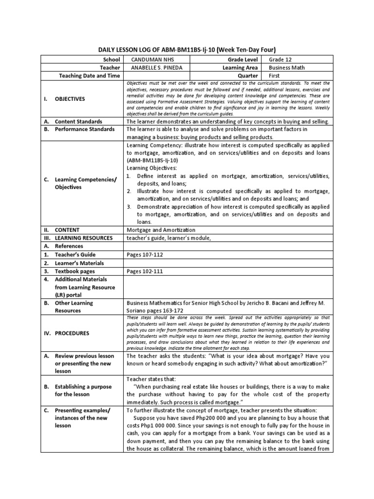 DAILY LESSON LOG OF ABM-BM11BS-Ij-10 (Week Ten-Day Four) | PDF ...
