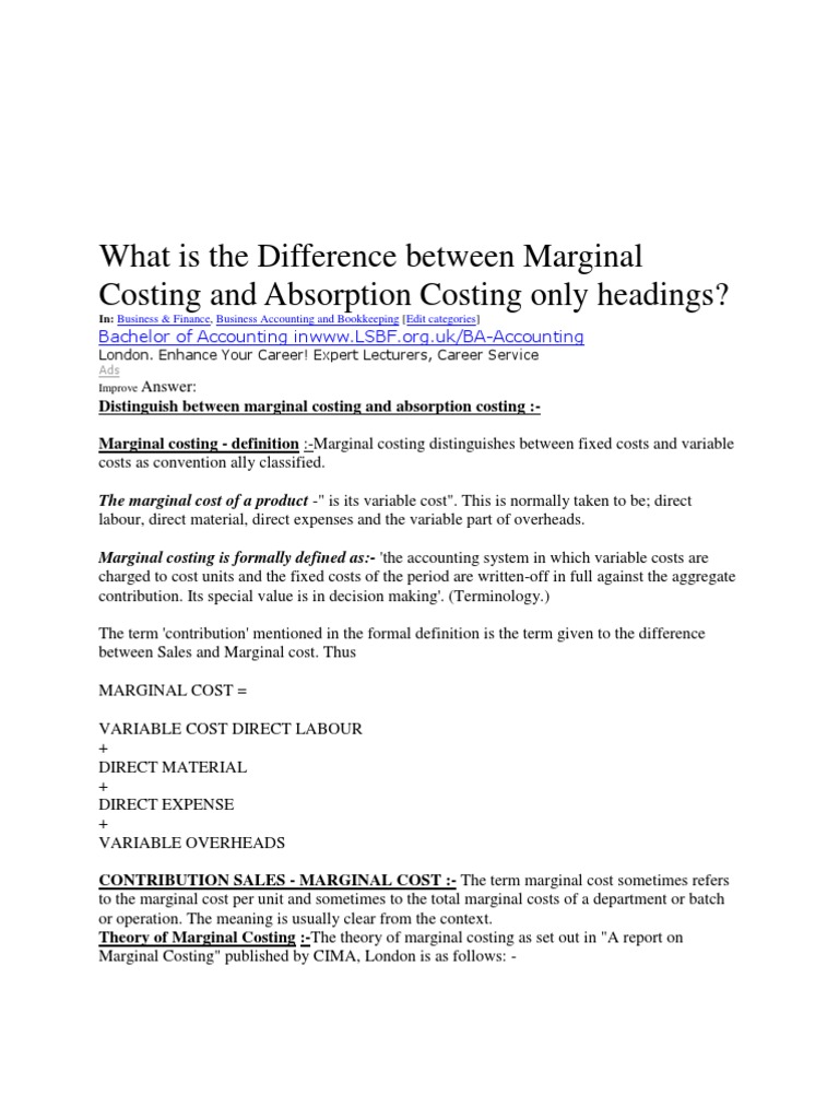 What Is The Difference Between Marginal Costing and Absorption Costing ...