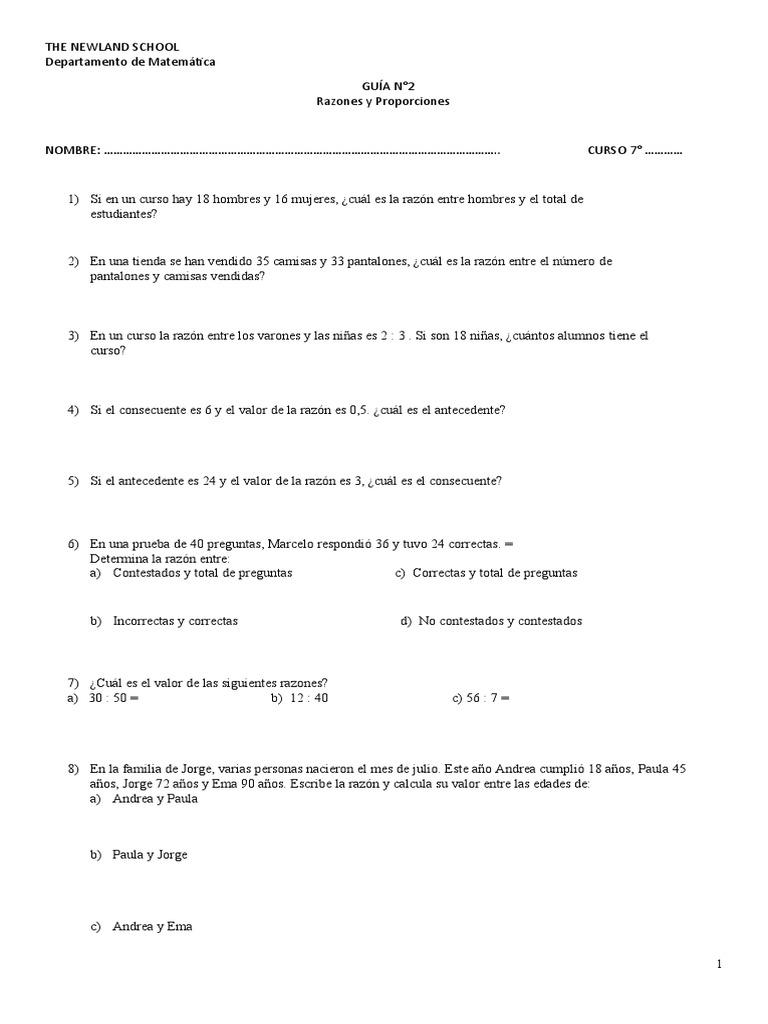 Guia 2 Matematicas Razones Proporciones Septimo | PDF