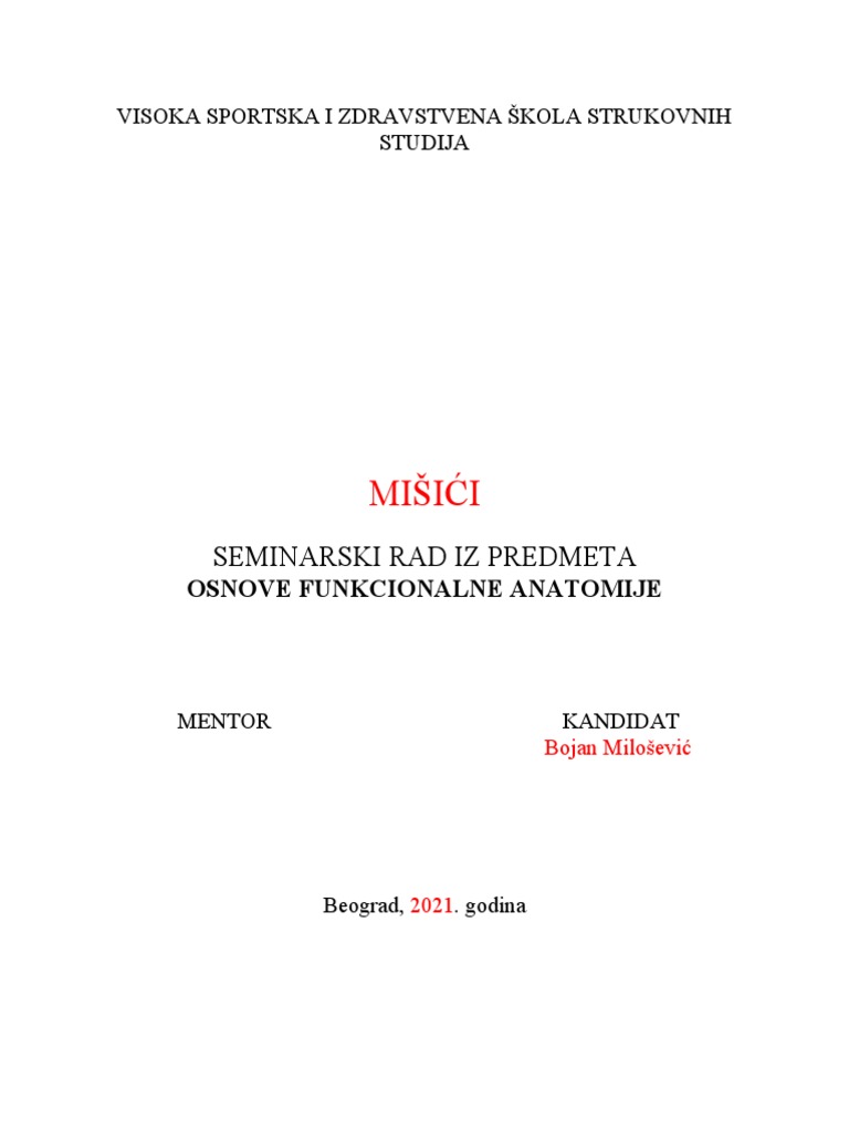 Seminarski Rad Iz Predmeta Osnove Funkcionalne Anatomije | PDF