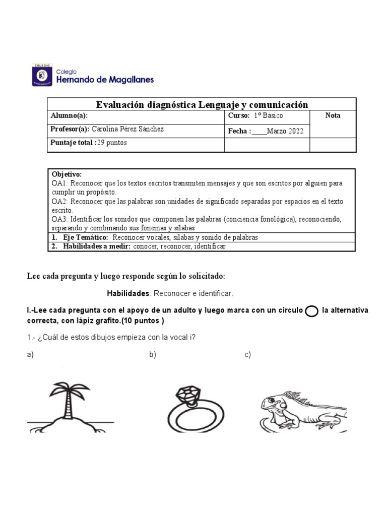 Evaluación Diagnostica Lenguaje 1° Básico | PDF | Artes del Lenguaje y ...