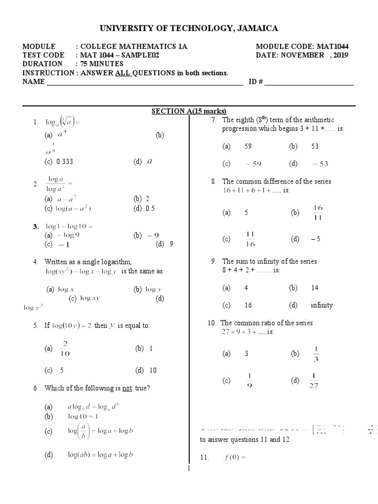 College Mathematics 1A MAT 1044 Test 2 Sem 1 - NOVEMBER 2019 SAMPLE | PDF