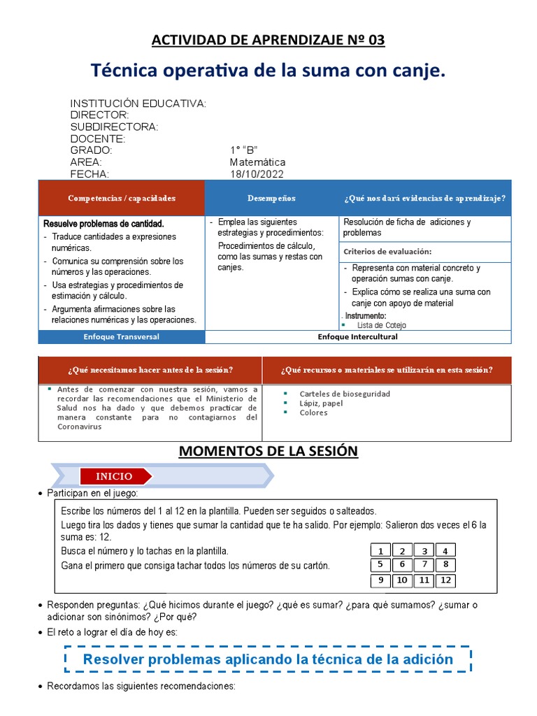 Sumas con Canje en 1er Grado | PDF