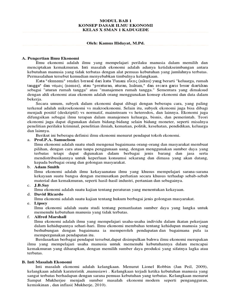 Modul Konsep Dasar Ilmu Ekonomi Kelas X | PDF