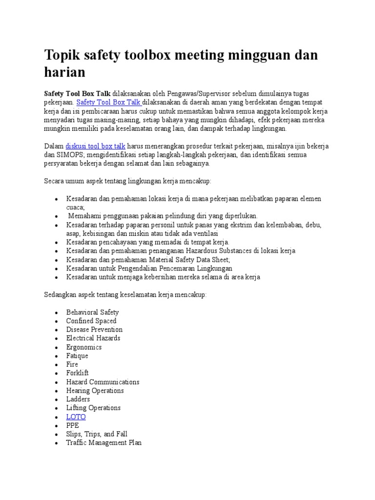 Topik Safety Toolbox Meeting Mingguan Dan Haria1 | PDF | Komputer
