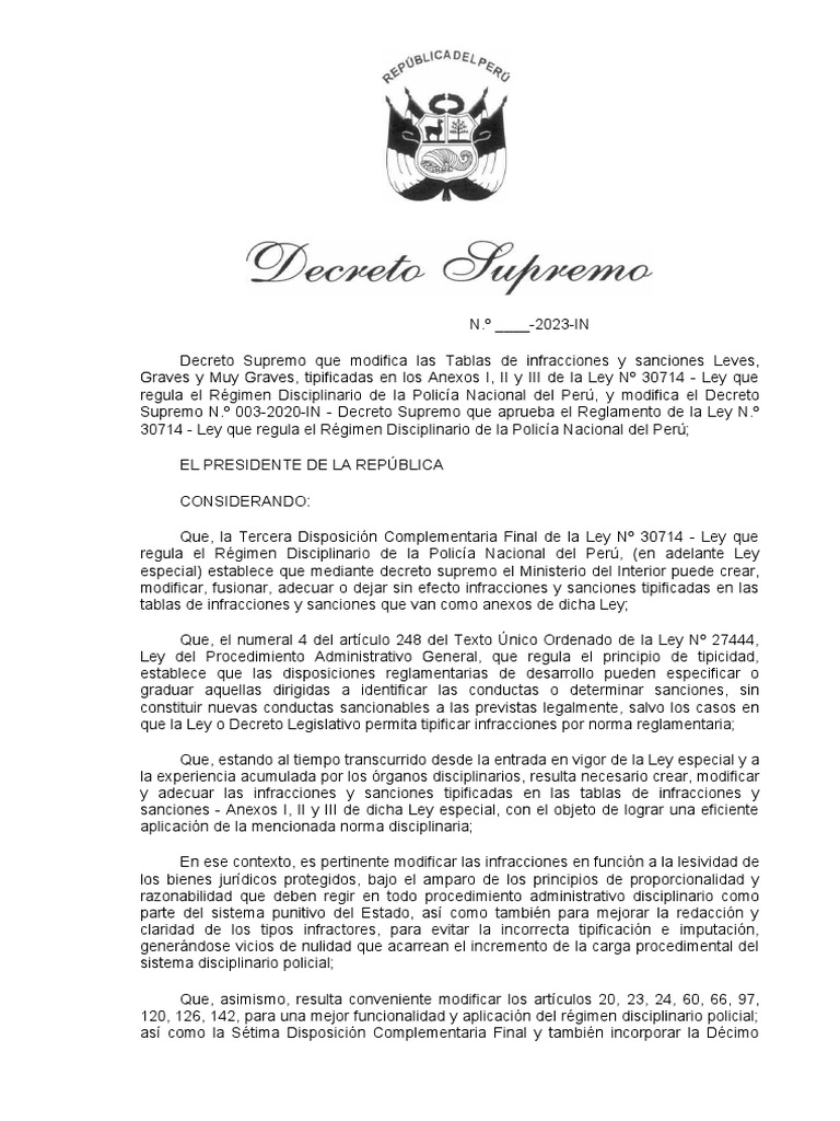 Proyecto Ds Modif Tabla Ley 30714 t2 | PDF | Policía | Disciplinas