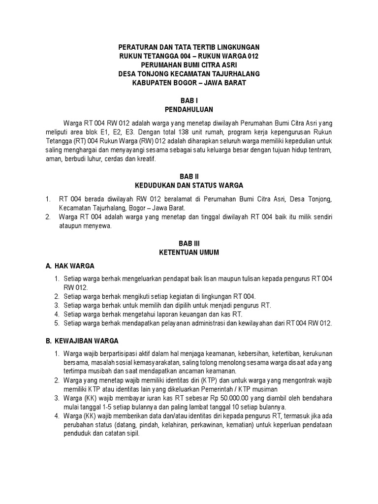 Peraturan Dan Tata Tertib Lingkungan RT 004 | PDF