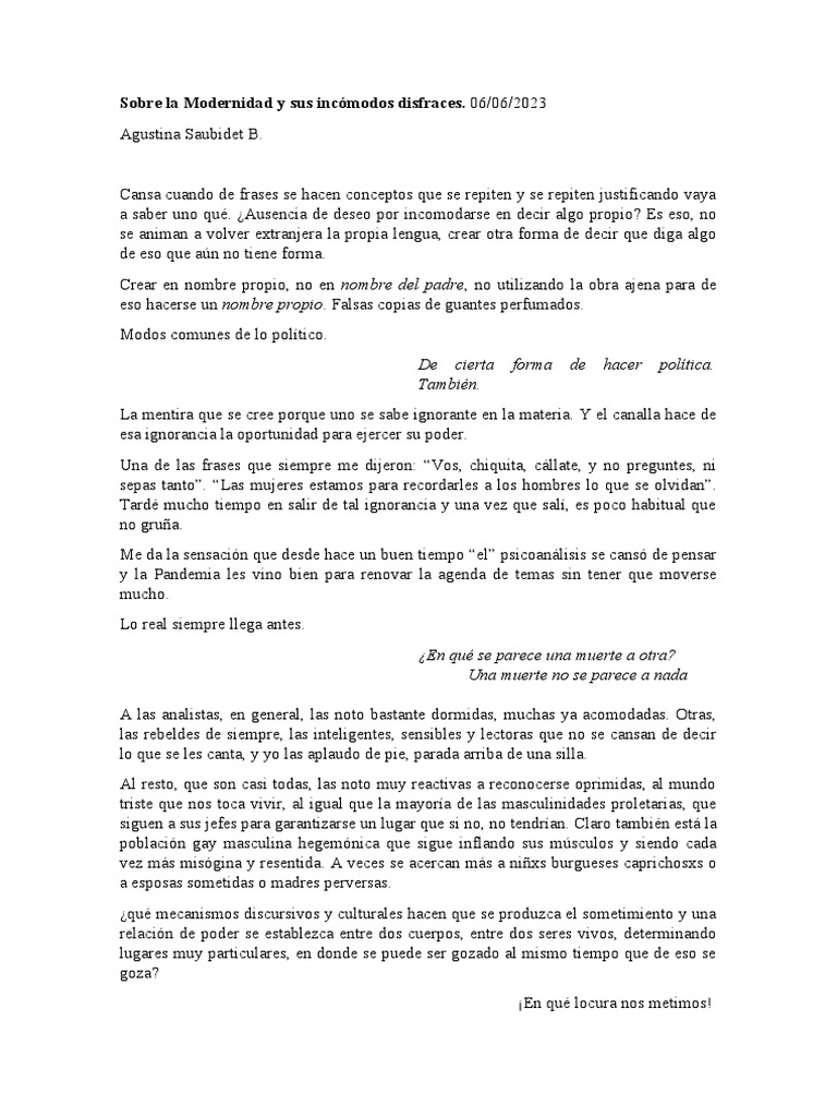 Sobre La Modernidad y Su Incómodo Disfraz | PDF