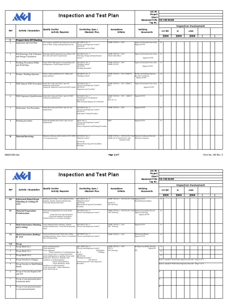 Air Receiver Inspection Test Plan | PDF