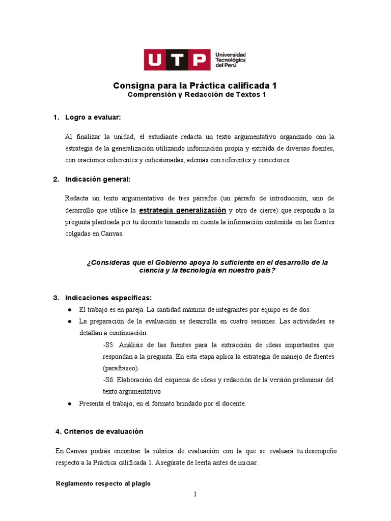U2 GC - N01I - PC1Consigna - 23C1M | PDF | Perú | Puntuación