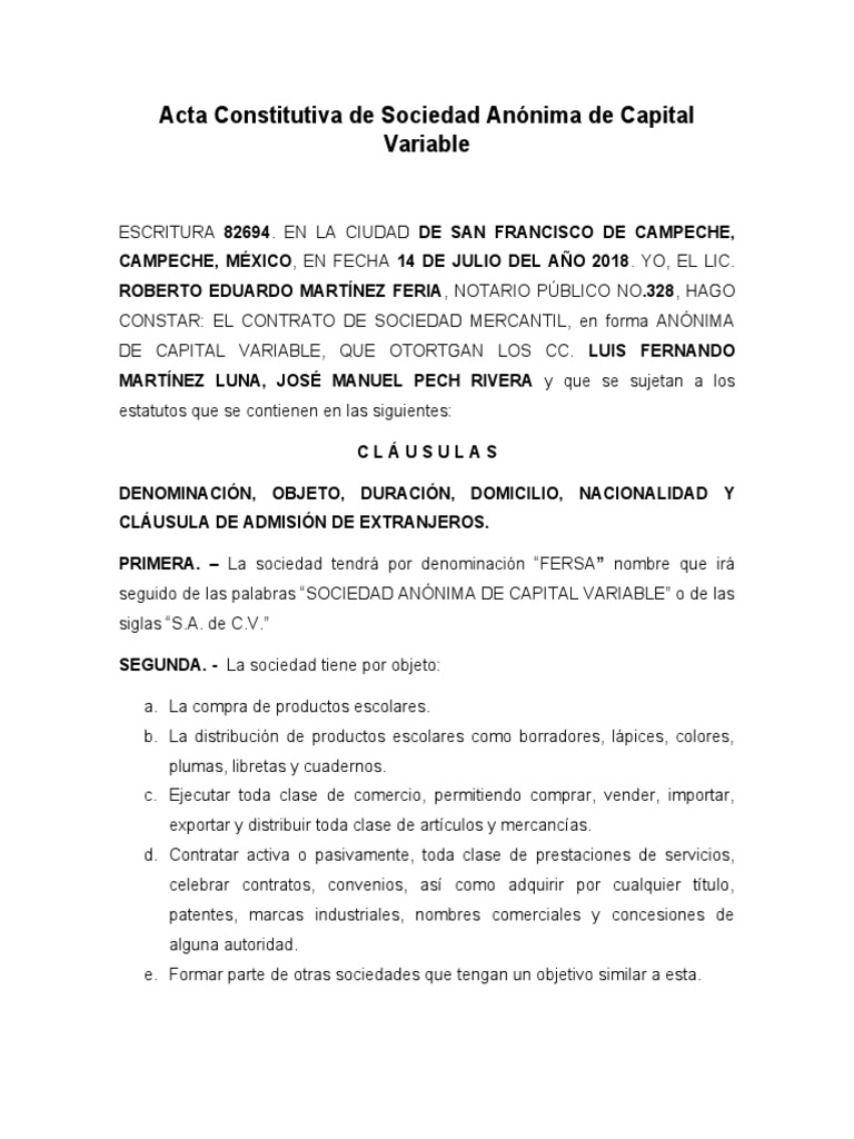 Acta Constitutiva de Sociedad Anónima de Capital Variable - Con Firma | PDF