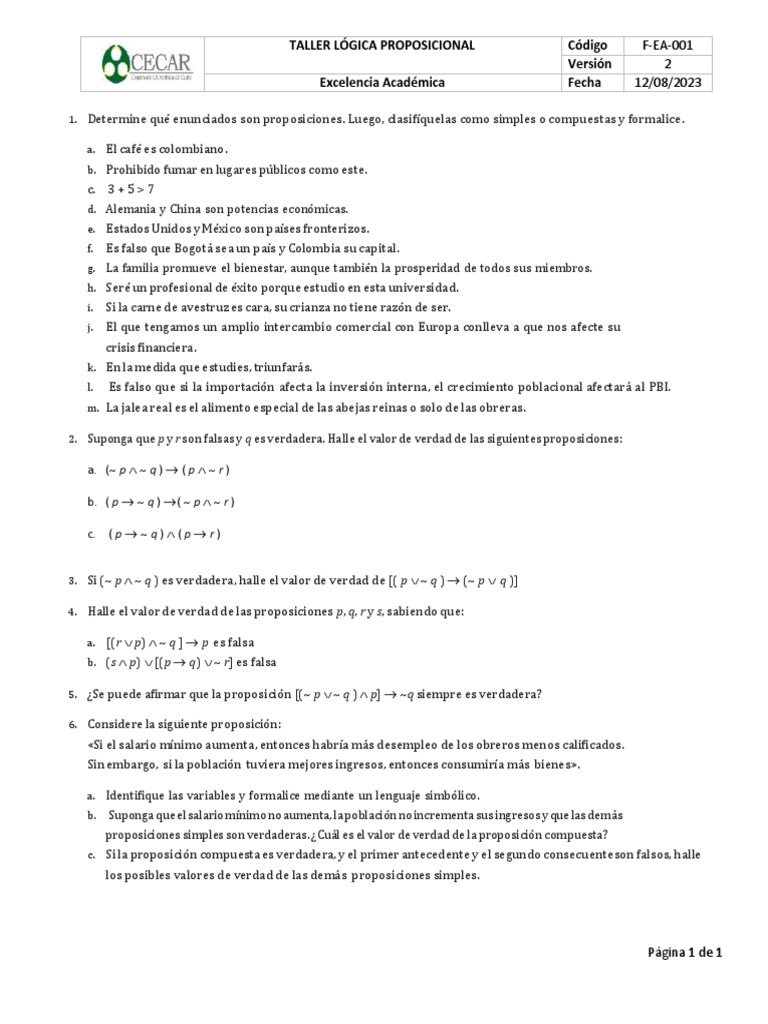 Taller Lógica Proposicional | PDF | Proposición | Verdad