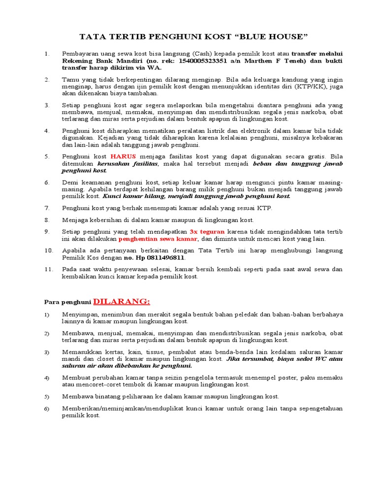 Tata Tertib Penghuni Kost 'Blue House' | PDF